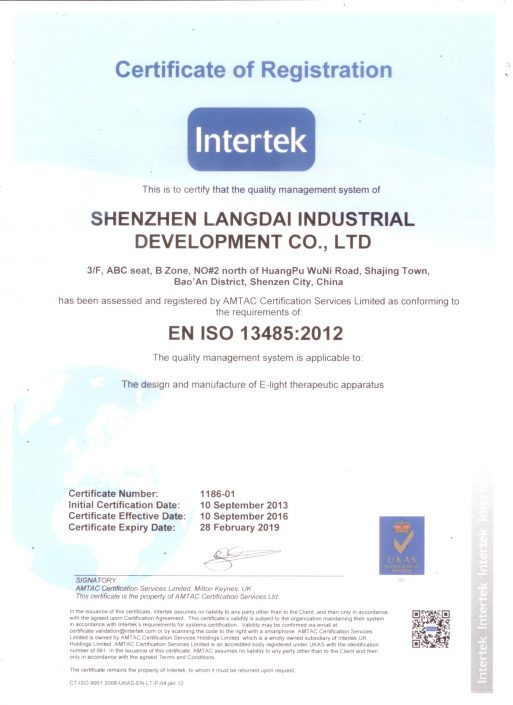 Intertek EN ISO13485-2012 Certificate 1186 | langdybeauty